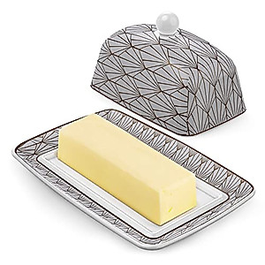 Porcelain Butter Dish With Lid, MEKY Butter Keeper With Handle Cover, Ceramic Butter Holder Container for Storing 1 Western Or Eastern Butter Stick