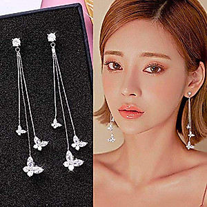 Zircon Butterfly Tassel Earrings for Women Long Colours Crystal Imitation Pearl Dangle Earrings Rhinestone Butterfly Drop Earrings (Silver)