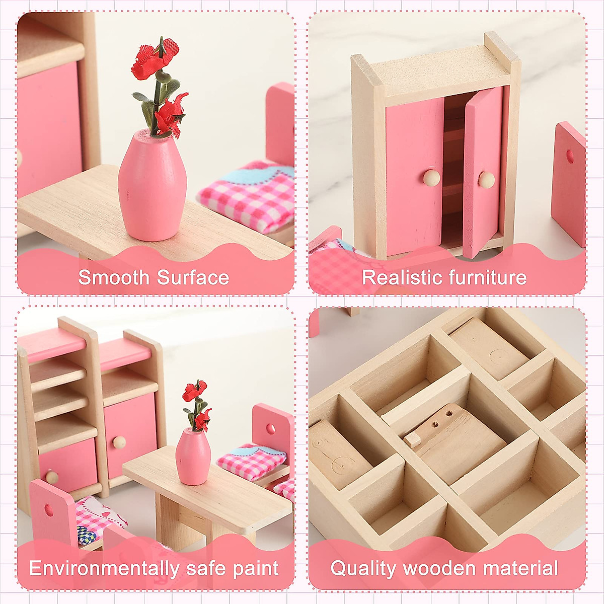 Wooden Dollhouse Furniture Doll House Furnishings with 8 Pieces Winning Doll Family Set, Dollhouse Accessories for Miniature Dollhouse, Family Figures Imaginative Play Toy (Lovely Style)