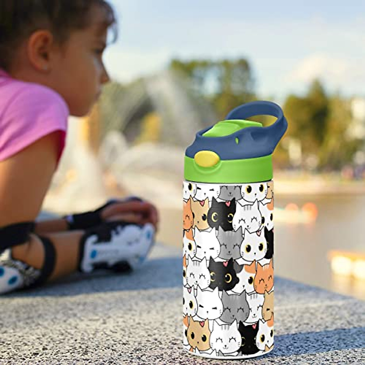 MCHIVER Cute Cat Kitten Cartoon Kids Water Bottle with Straw Insulated Stainless Steel Kids Water Bottle Thermos for School Girls Boys Reusable Tumbler 12 oz / 350 ml Green Top
