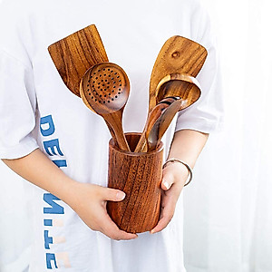 Wooden Kitchen Utensil Holder, 5.8 x 3.7 Inch, Natural Acacia Wood Cooking Utensil Holder for Countertop, Utensil Crock Organizer for Spoons Spatula Spurtles Skimmer Cooking Tools Straws