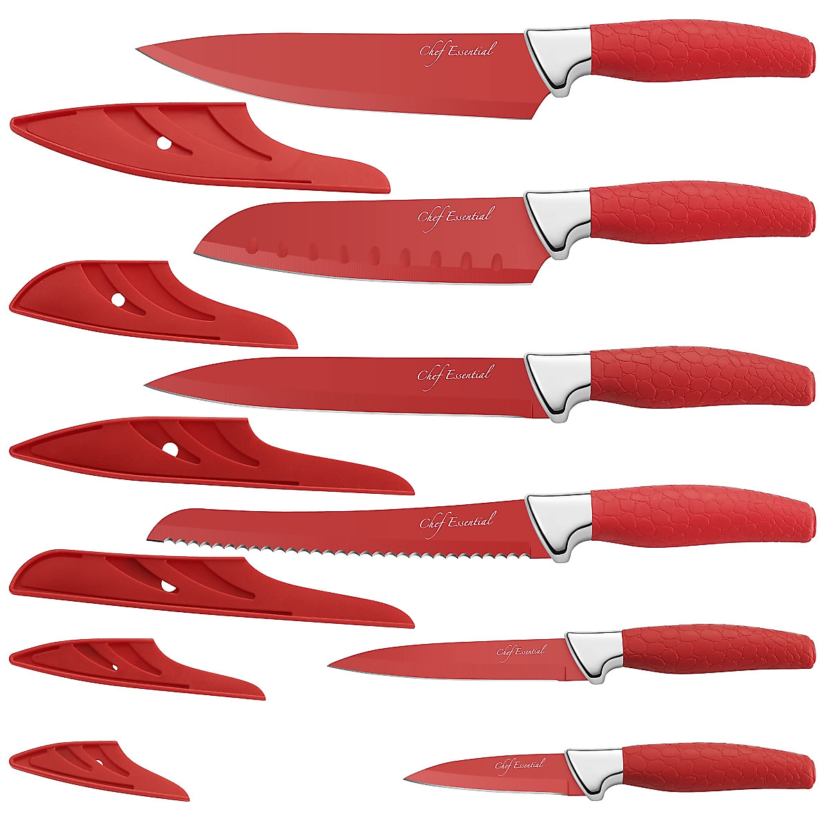 Chef Essential Carbon Steel Culinary Knife Set – 6-Piece Sharp Knife Set – Meat, Veggie, Bread Knife Set – Nonstick Chef Knife Cooking Knives – Professional Sharp Kitchen Knife Set Without Block