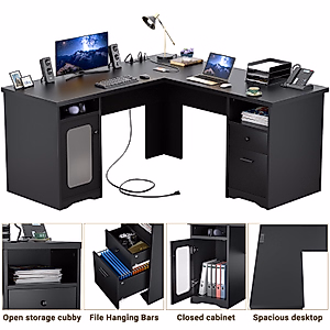 Unikito L Shaped Desk with Drawers, 60 Inch Office Desk with Power Outlet & USB Charging Port, Large Corner Computer Desk with File Cabinets, 2 Person Sturdy Executive Desk with Storage Cabinet, Black