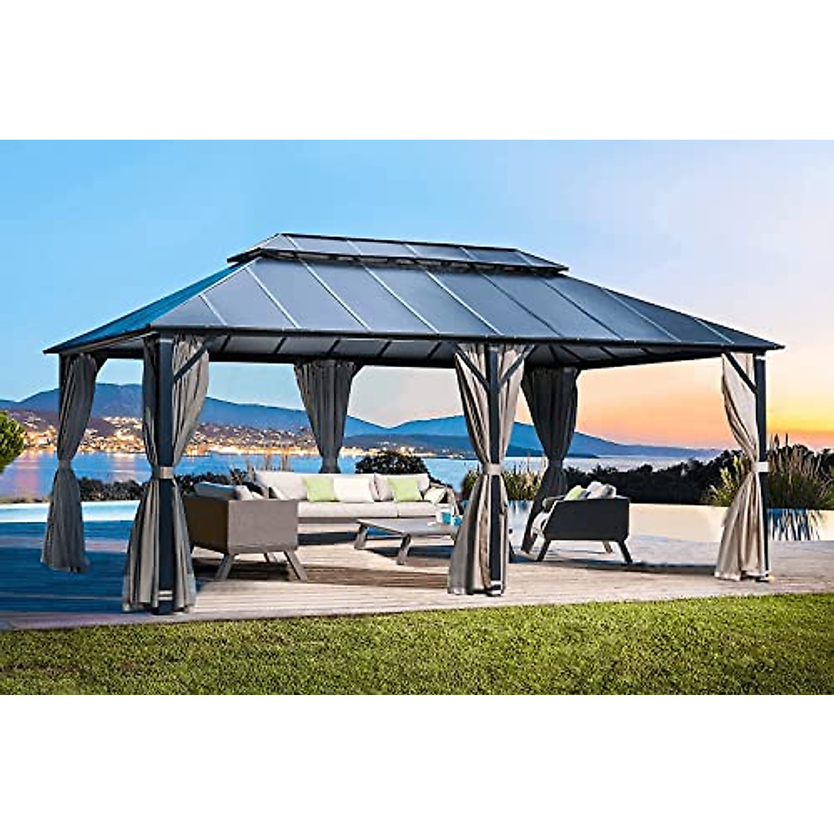 MELLCOM 12x20ft Hardtop Gazebo, Permanent Outdoor Patio Gazebo with Double Aluminum Composite Roof for Patio Lawn and Garden, Curtains and Netting Included