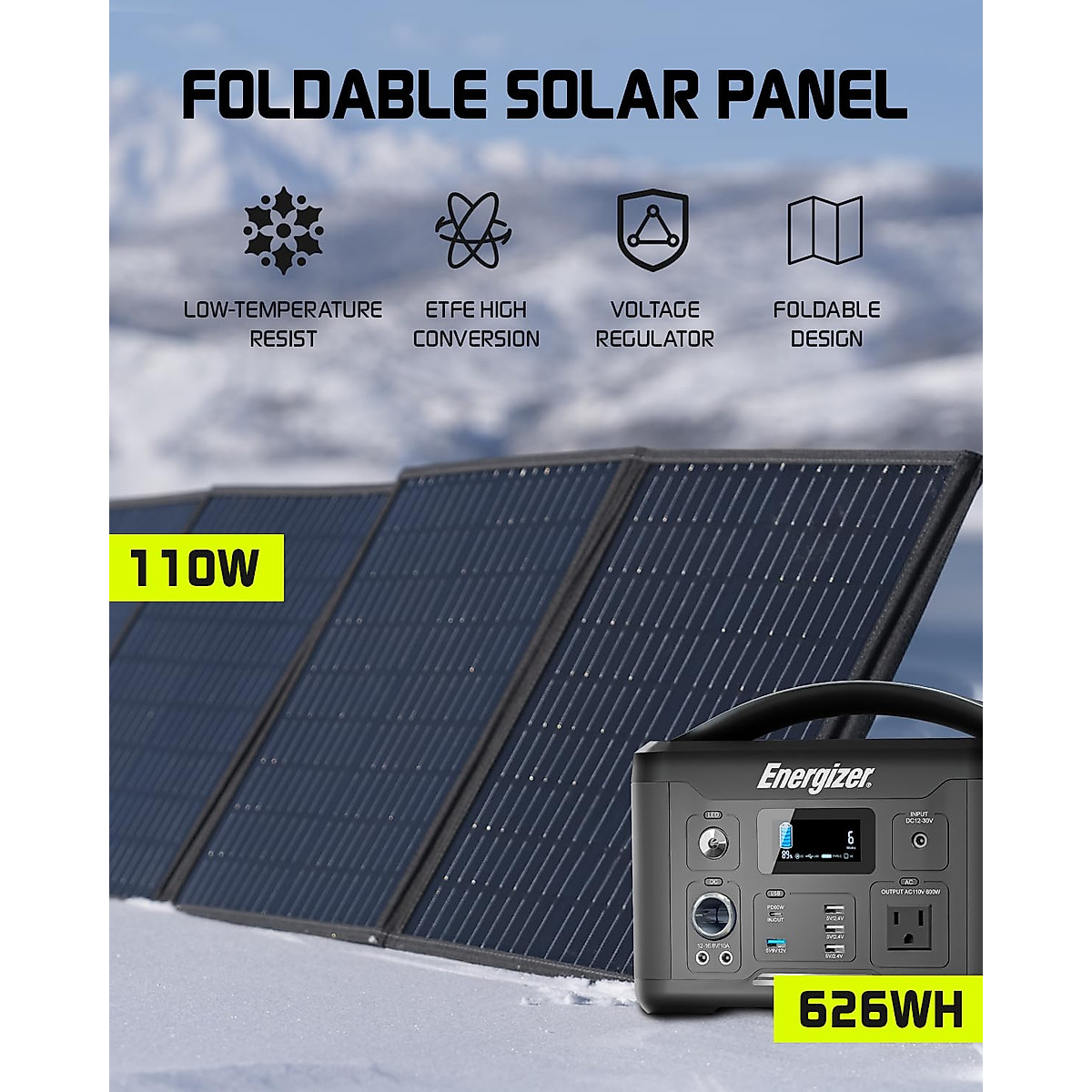 Energizer Portable Power Station 626 Watt-Hours with POWERWIN 110W Solar Panel for Outdoors Camping and Emergency Use, Solar Generator with 600-Watt (Peak 1000W) AC Outlet, 60-Watt PD Fast Charging