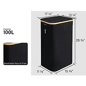 StorageWorks Large Laundry Hamper with Lid, 100L Tall Laundry Basket with Bamboo Handles and 2 Removable Inner Bag, Collapsible Laundry Hamper for Clothing, Toys, Towels, Black, 1-Pack