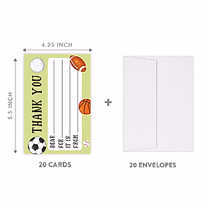 Andaz Press Kids Fill in the Blank Thank You Cards - 20 Cards Including Envelopes Sports Theme Gender Neutral Note Cards For Boys Girls Birthday Party Thank You Notes for Friends, Family Party Guests