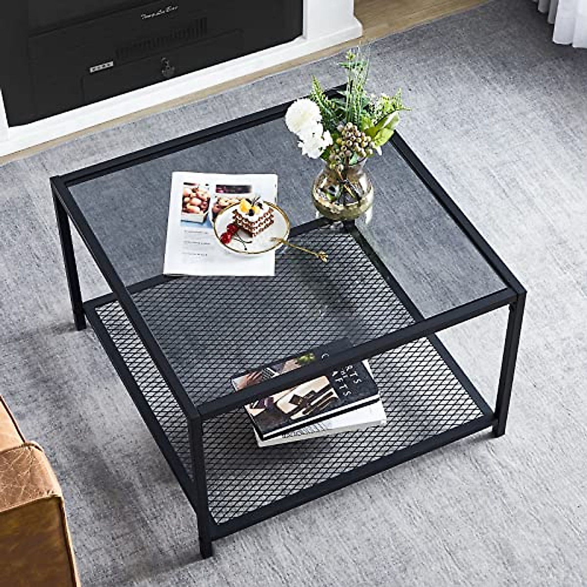 SAYGOER Corner Bookshelf and Glass Coffee Table with Storage