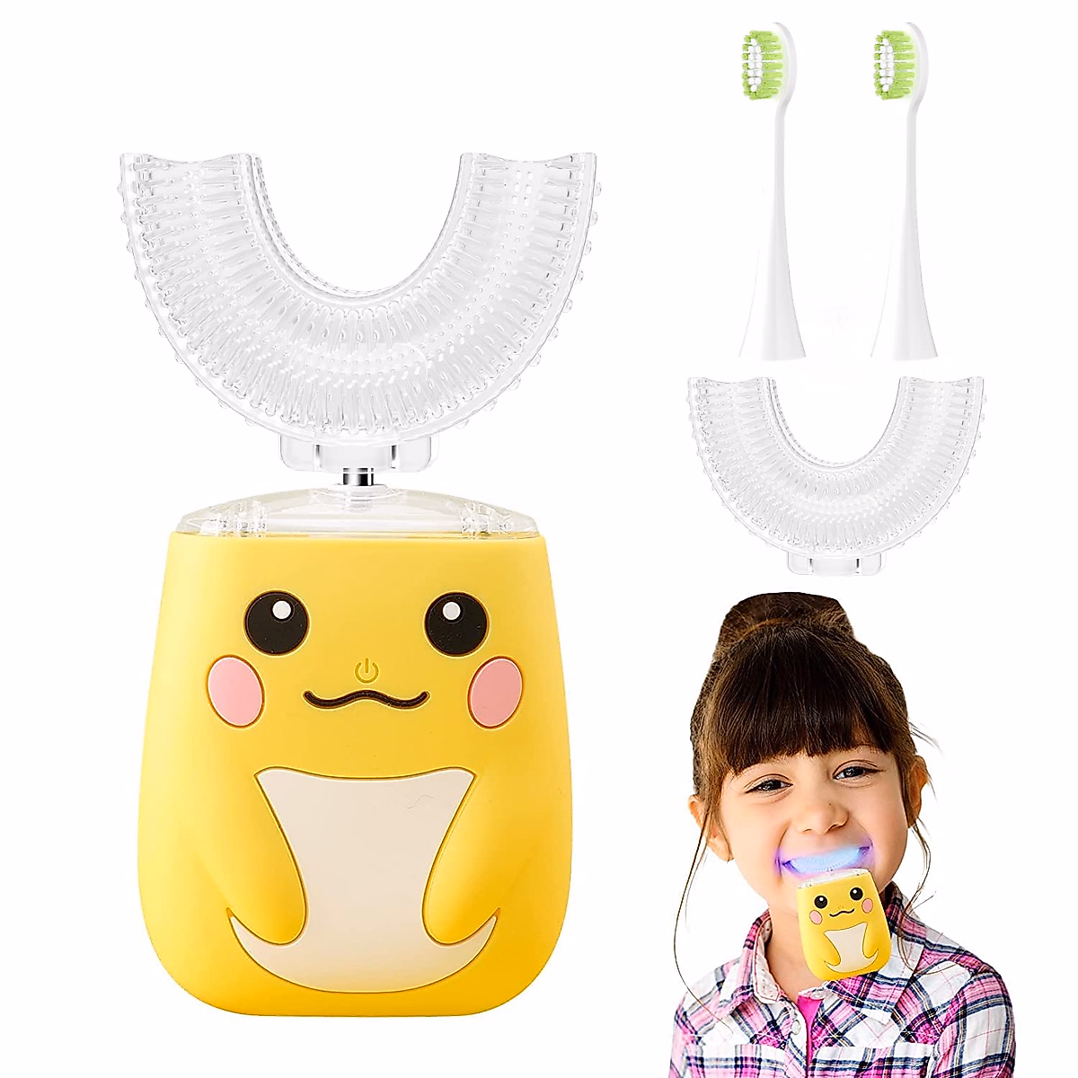 Kids Electric Toothbrush, U Shaped Ultrasonic Automatic Tooth Brush,Toothbrush with 2 Brush Heads,Six Cleaning Modes,IPX7 Waterproof,Cartoon Modeling Design for Toddler Children, Age 2-7 Yellow