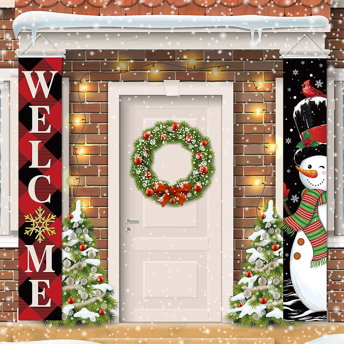 Christmas Porch Signs Snowman Christmas Decorations Supplies Merry Christmas Hanging Flags Welcome Winter Door Banners for Holiday Home Indoor Outdoor Wall Xmas Decor