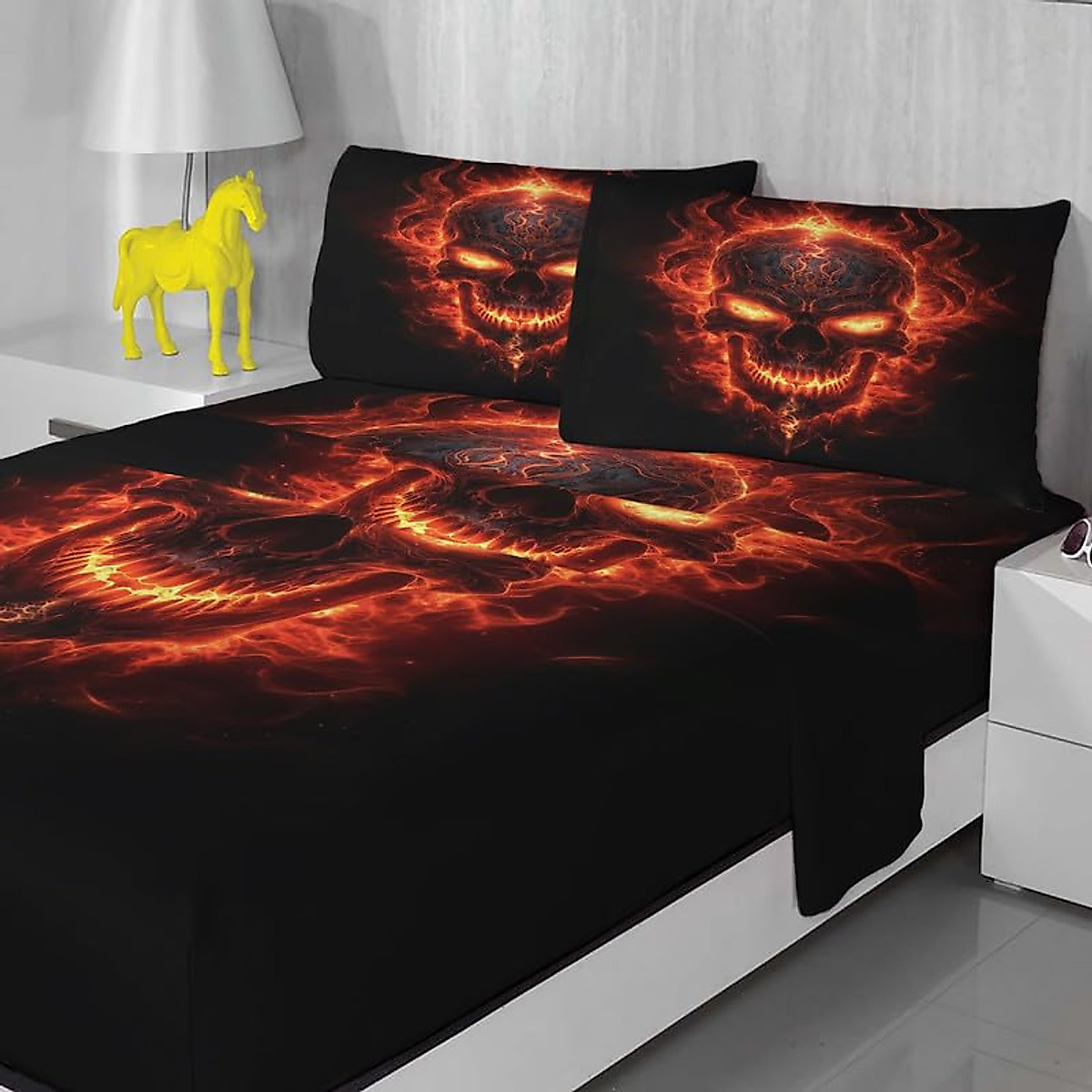 Goth Sheet Set King Size - Skull Bed Sheets - Flame Printed Bedding Sheets & Pillowcases - Super Soft & Deep Pocket & Winkle Free - 4 Piece (Flat, Fitted Sheet & 2 Pillowcases) &3L-80