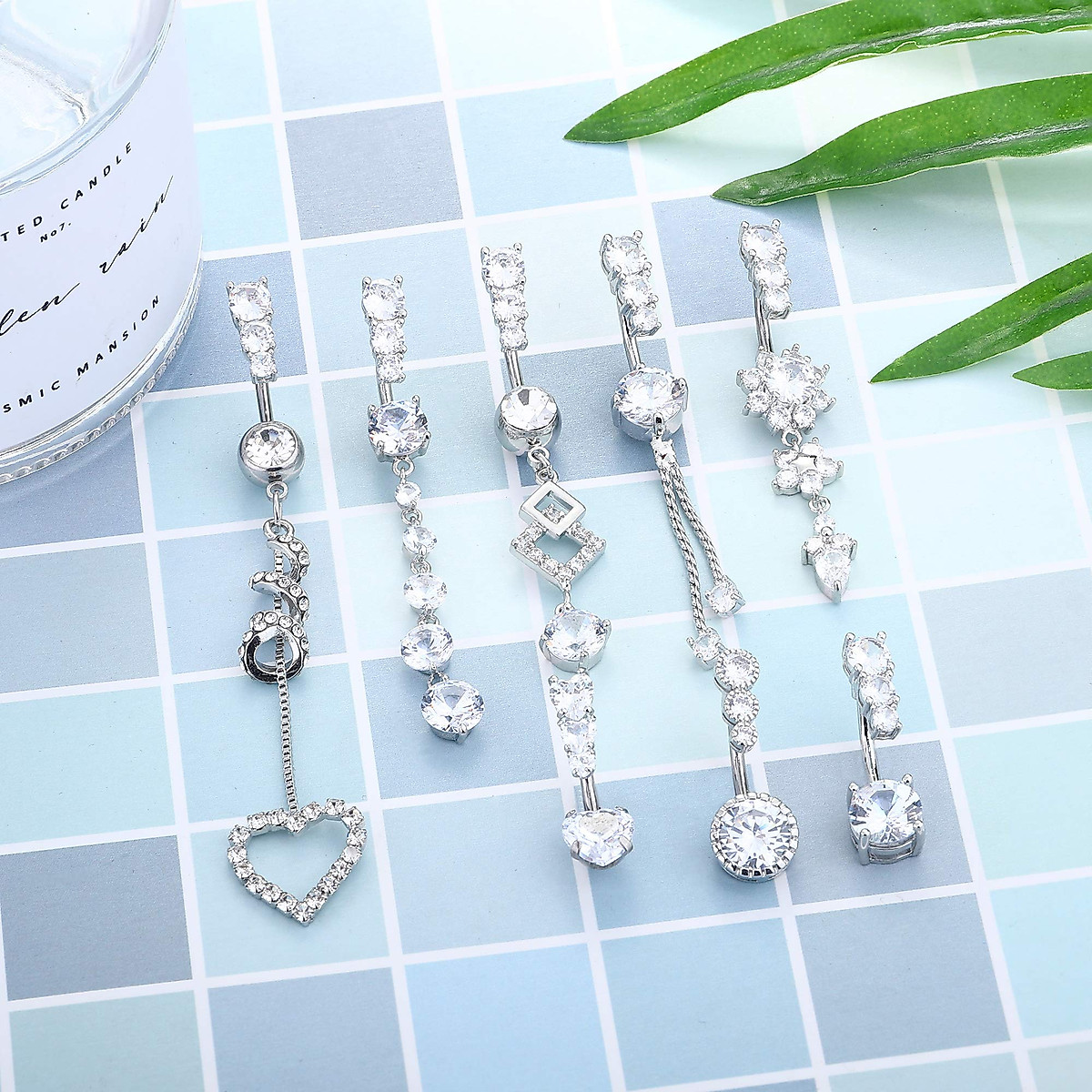 FIBO STEEL 8Pcs Belly Button Rings Dangle 316L Surgical Steel Belly Rings Dangling for Women Heart CZ Long Cute Navel Barbell Body Belly Piercing Jewelry Silver 14G