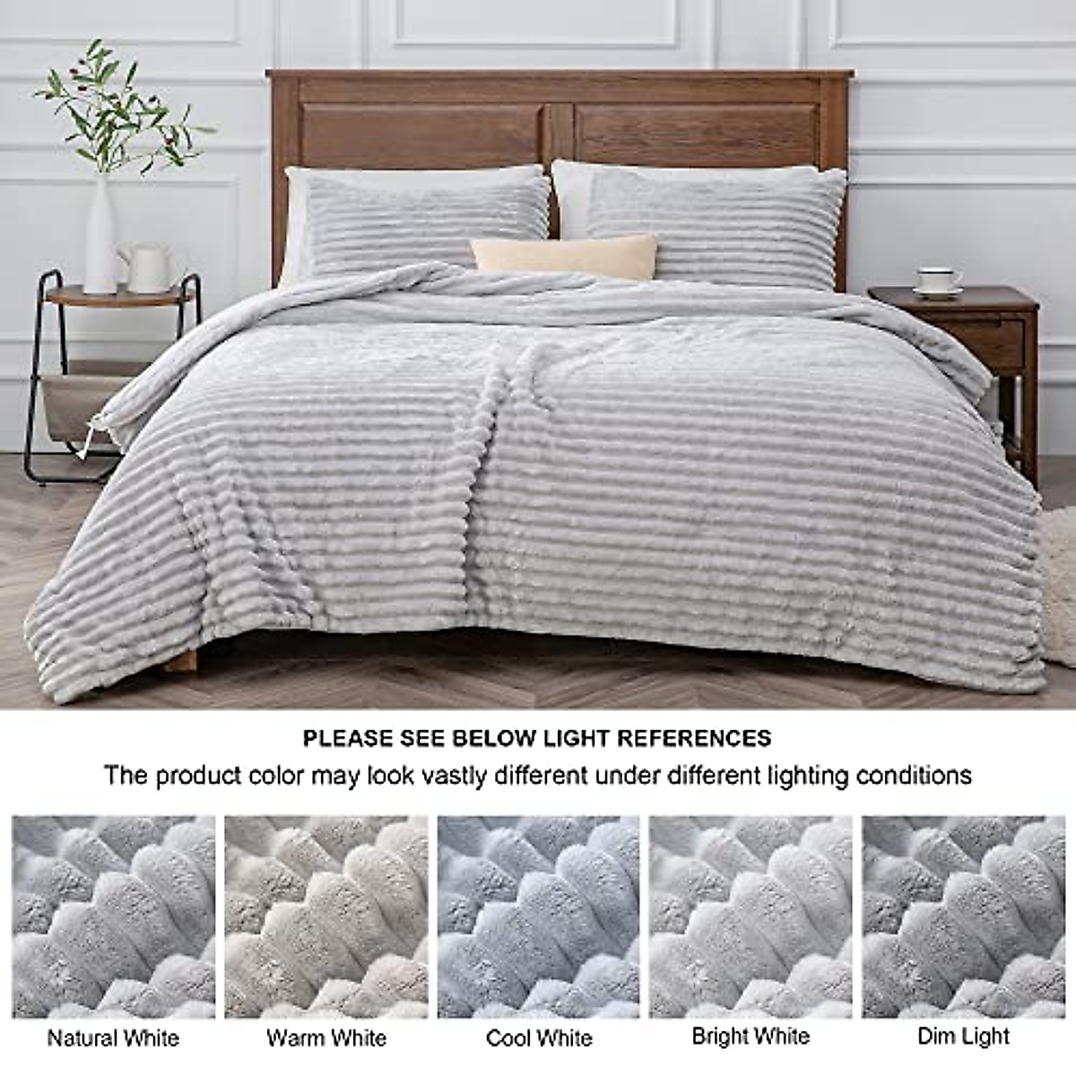 BEDELITE Fleece Queen Comforter Set -Super Soft & Warm Fluffy Grey Bedding, Luxury Fuzzy Heavy Bed Set for Winter with 2 Pillow Cases