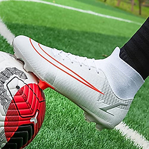 YSGDB Men's Athletic Soccer Shoes Cleats Spike Shoes Turf Outdoor Football Shoes High Top Ankle Soccer Boots - Indoor Training TF/AG White