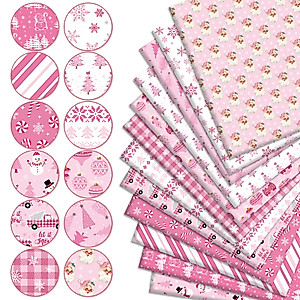 JarThenaAMCS 12Pcs Pink Christmas Cotton Fabric Bundles 18 x 22 Inch Xmas Tree Santa Snowflake Fat Quarters Pink White Sewing Fabrics for Xmas Winter DIY Craft Party Decor