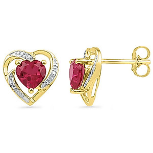 Solid 10k Yellow Gold Heart Round Red Simulated Ruby And White Diamond Classic Solitaire One Stone Halo Prong Set Stud Earrings (.01 cttw)