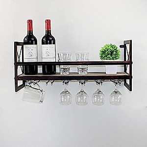 MBQQ Industrial Wine Racks Wall Mounted with Stemware Racks,24" Rustic Metal Hanging Wine Holder,Bottle Holder with 7 Stem Glass Holder,Metal&Wood Shelves Home Decor Wall Shelf,Retro Red