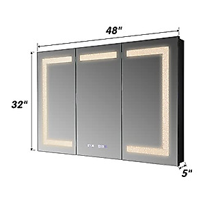 tunuo 48''W x 32''H Recessed or Surface Medicine Cabinets for Bathroom with Mirror, LED Medicine Cabinet Organizer with Crystal Sand Lighting Belts, Defogger, Dimmer, Clock, Outlets & USB, Black