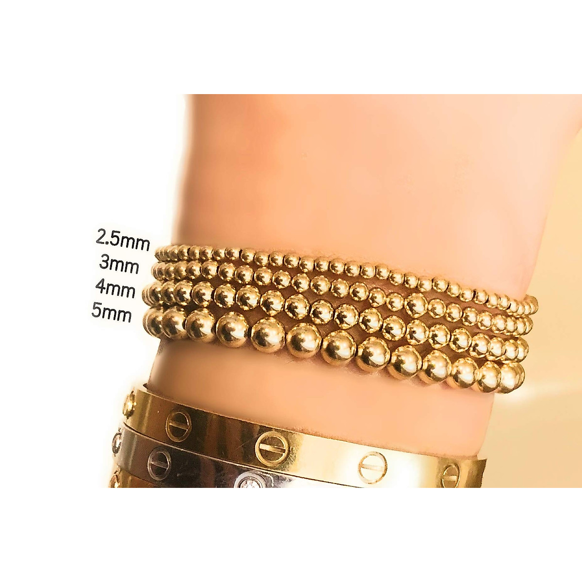 14k Gold Filled Beaded Ball Bracelet, 4mm, Dainty Layering Jewelry, Stacking Stretch Bracelets (6)