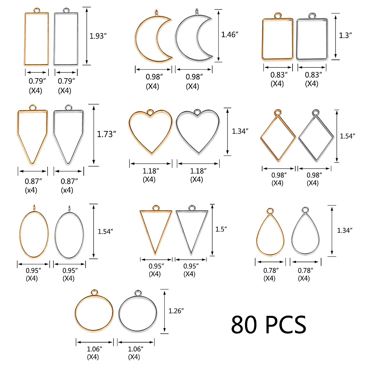 ALEXCRAFT Open Bezels for Resin, 80Pcs 2 Colors 10 Styles Hollow Frames Pendants Resin Jewelry Making Supplies Resin Necklace Pendant Mold
