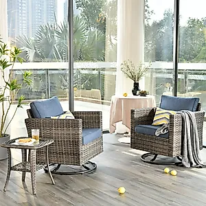 ovios Patio Bistro Set 3 Pieces Rocking Swivel Chairs with Side Table 360 Degree Rotating Outdoor Wicker Rocker Chairs for Yard Deck Porch, Grey Wicker, Denim Blue Cushion