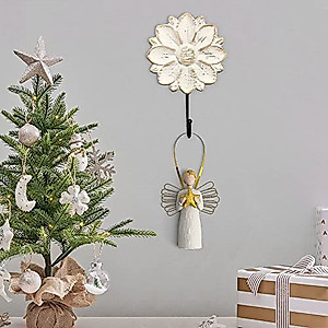 dwellington Wall Mounted Coat Rack White Distressed Wood Hanging Hooks, Farmhouse Carved Flower Wall Hooks