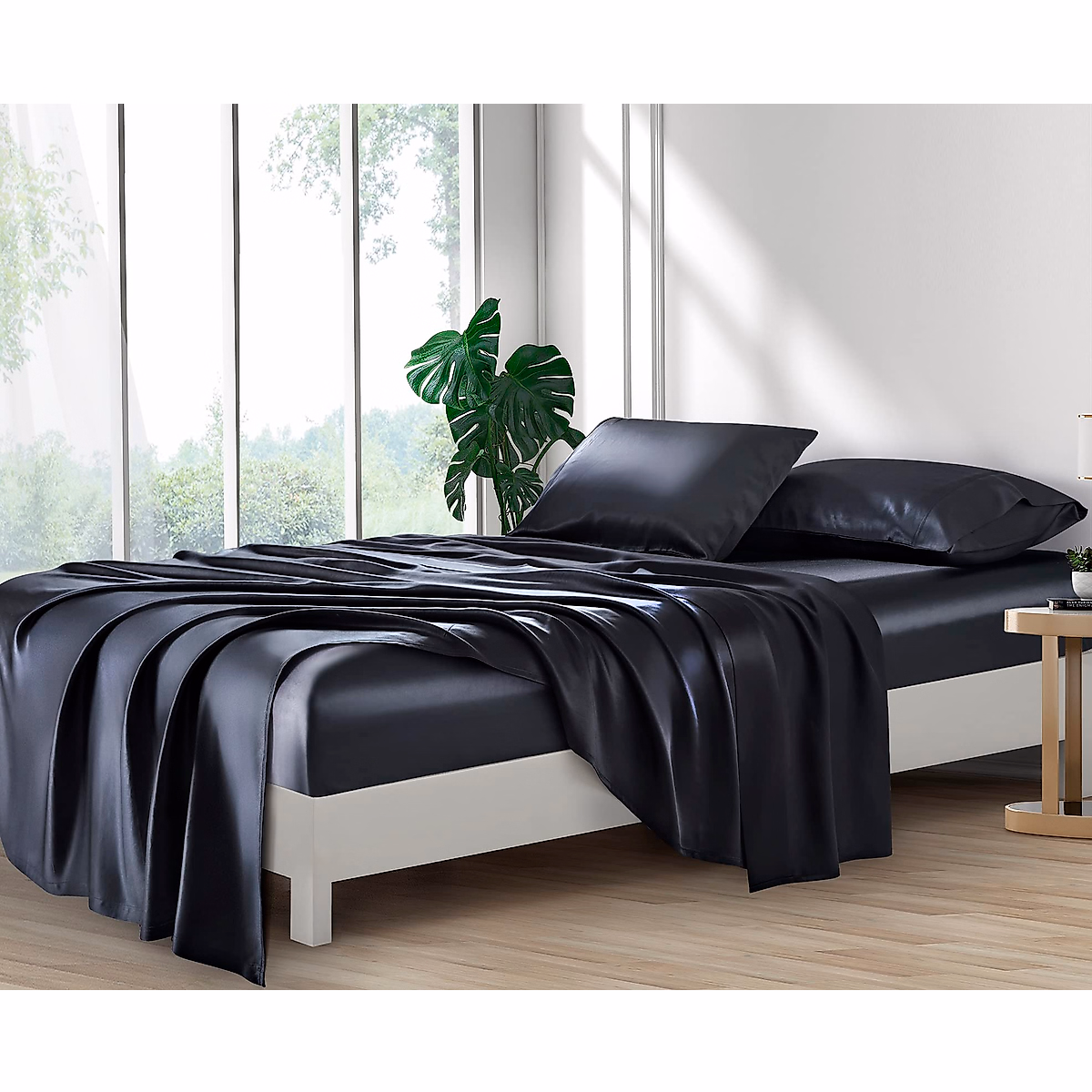 Lanest Housing Silk Satin Sheets, Twin Size Satin Bed Sheet Set with Deep Pockets, Cooling Soft and Hypoallergenic Satin Sheets Twin - Black