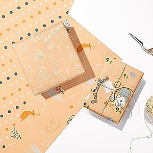 Ulmasinn Baby Shower Wrapping Paper Flat 8 Sheets for Baby Boys Girls, Kraft Paper with Satellite, Bear, Deer, Polka Dot Design for Birthday, Holiday, Baby Shower Packing, 20 X 29 Inches Each