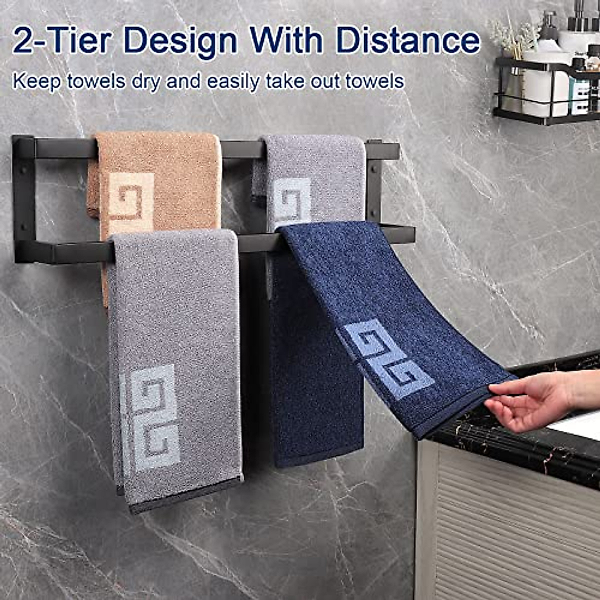 NearMoon Bathroom Towel Bar, Towel Rod Holder, Square Shelf Rack Hanging Towel for Bath, Thicken SUS304 Stainless Steel Towel Rack Wall Mounted-2-Tier Bathroom Accessories (24 Inch, Matte Black)