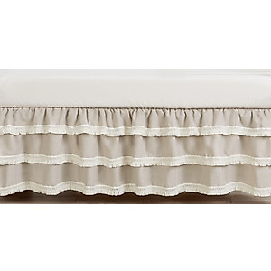 Sweet Jojo Designs Boho Bohemian Boy Girl Baby Crib Bed Skirt Nursery Dust Ruffle - Solid Taupe Beige Ivory Cream Off White Linen Farmhouse Shabby Chic Designer Modern Minimalist Ruffle Tassel Macrame