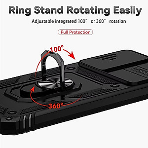 Yodueiv for Redmi 10 (2021/2022)/Redmi 10 Prime Case with Tempered Glass Screen Protector and Slide Camera Cover, Magnetic Ring Car Mount Holder Protective Cover for Xiaomi Redmi 10 2022 Black