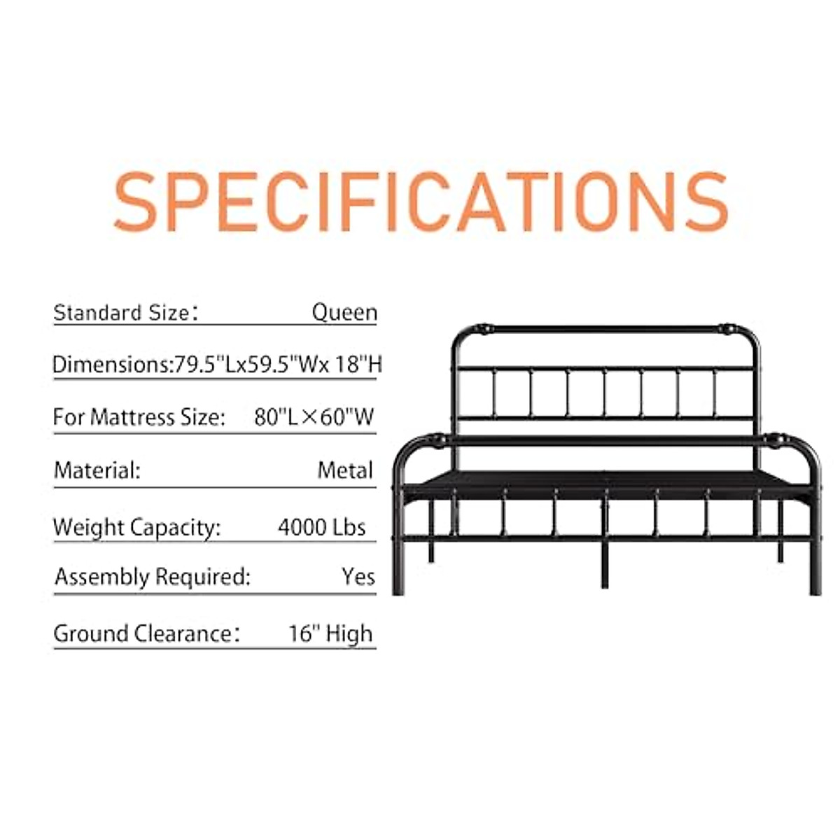 Bednowitz Queen-Bed-Frame-with-Headboard and Footboard, 18 Inch High Metal Platform Queen-Size-Bed-Frame, 4000 Lbs Heavy Duty Steel Slats Support, No Box Spring Needed, Noise Free
