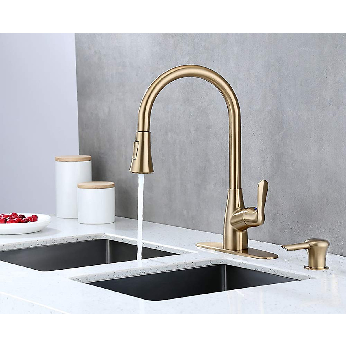 Derengge Brushed Gold Kitchen Faucet Single Handle Pull-Down Kitchen Sink Faucet with Soap Dispenser and Deck Plate, Faucet for Farmhouse, Camper, Laundry, Rv, Bar,KF-058DS-CS