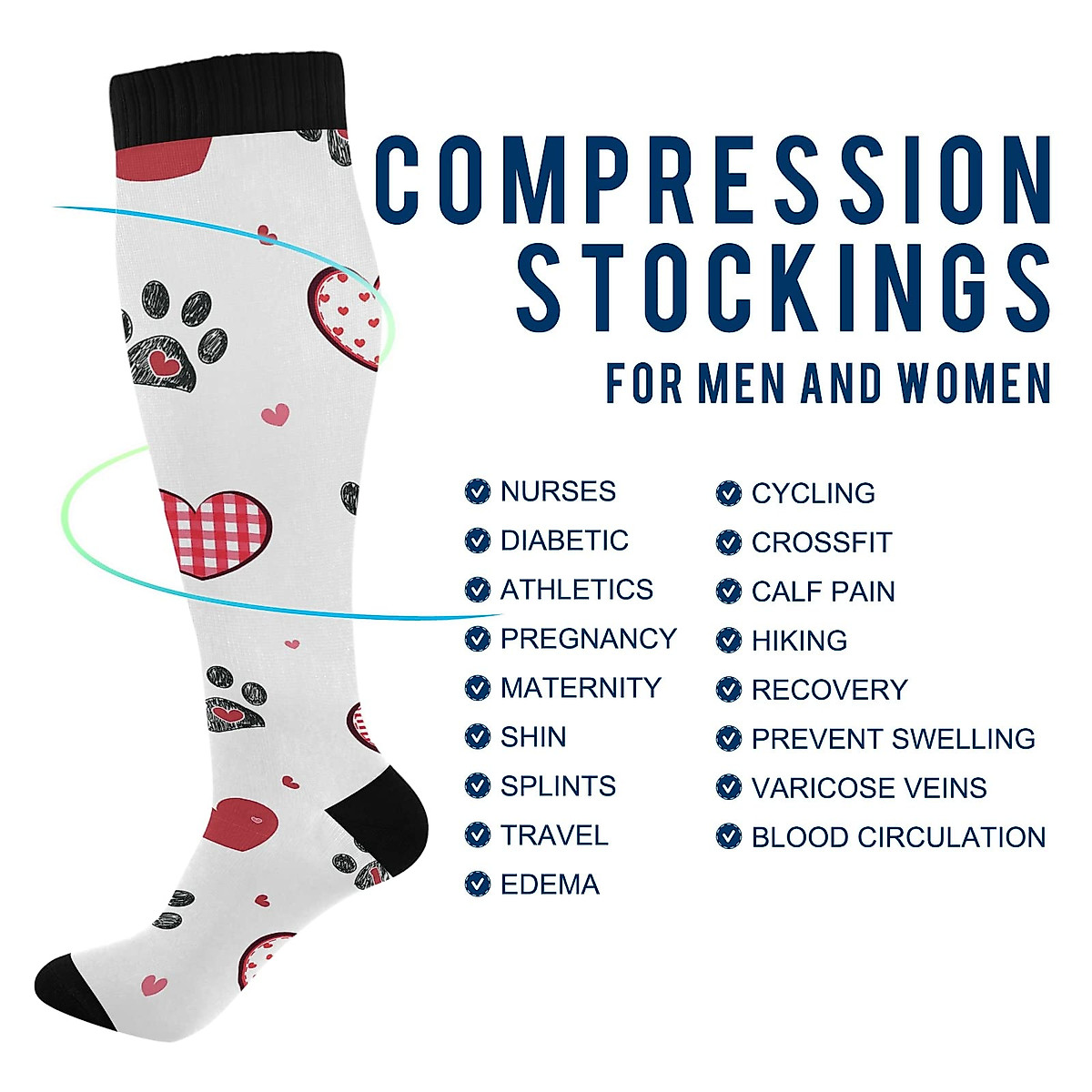 xigua Valentine's Mother's Day Hearts Paws Compression Socks 20-30mmHg Knee High Stockings for Sport Nursing - 1 Pair