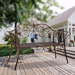 HLC Antique Bronze Metal Garden Bench Chair 2 Seater for Garden, Yard, Patio, Porch and Sunroom