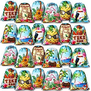 24 Pcs Hawaiian Party Favor Bags Hawaii Themed Aloha Drawstring Bags Tropical Goodie Bags Flamingo Gift Bag for Birthday, Bridal Shower, Events, Summer, Beach, Pool Backpack, 12 x 10 Inch