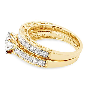 SAVEARTH DIAMONDS 1 1/2 CTTW Center 6MM Round Cut Lab Created Moissanite Diamond Milgrain Wedding Bridal Set Ring In 10K Solid Yellow Gold (VVS1 Clarity, 1.50 Cttw)-4 …