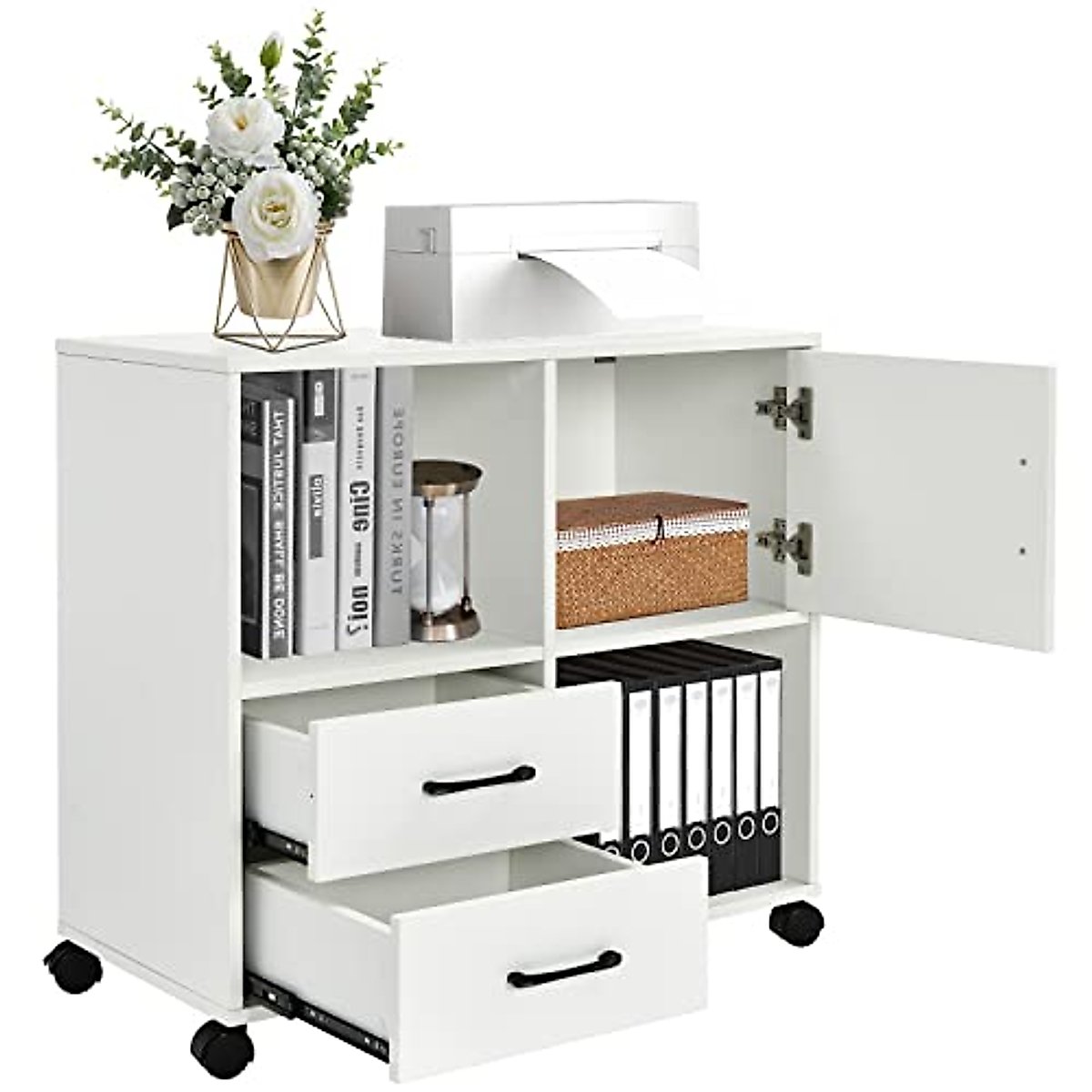 Giantex Printer Stand Under Desk - Mobile File Cabinet with 2 Drawers, Lateral Cabinet, 2 Open Compartments, Lateral Rolling Filing Cabinet on Wheels for Home & Office Use Printer Table (White)