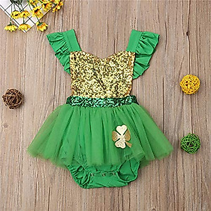 Newborn Baby Girls 1st ST Patrick's Day Green Sequin Romper Dress Ruffled Halter Bodysuit Tutu Dress 0-24M (6-12M, Green)