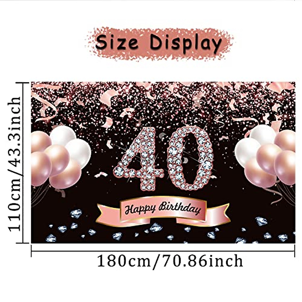 Trgowaul 40th Birthday Decorations for Women - Rose Gold Birthday Backdrop Banner, 40 Year Old Birthday Party Poster Decor, Happy 40th Birthday Party Decoration Photography Background 43.3"L x 70.8"W