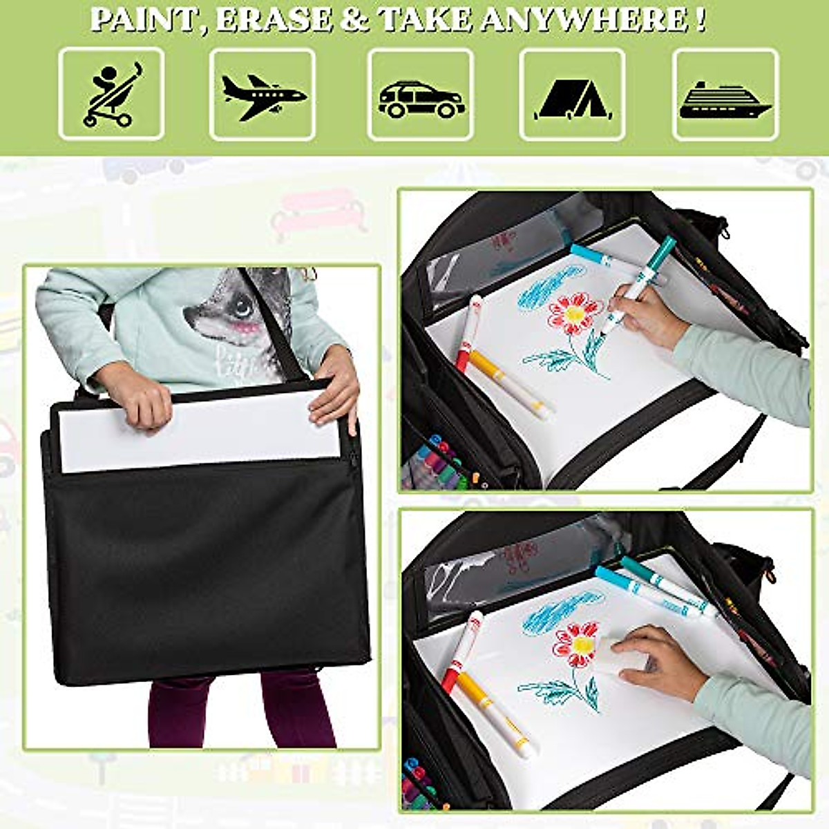 KIDSNEAR Kids Travel Tray, Car Seat Travel Tray, Toddler Travel Tray with iPad & Tablet Holder, Cup Holder, Dry Erase Board (Black)