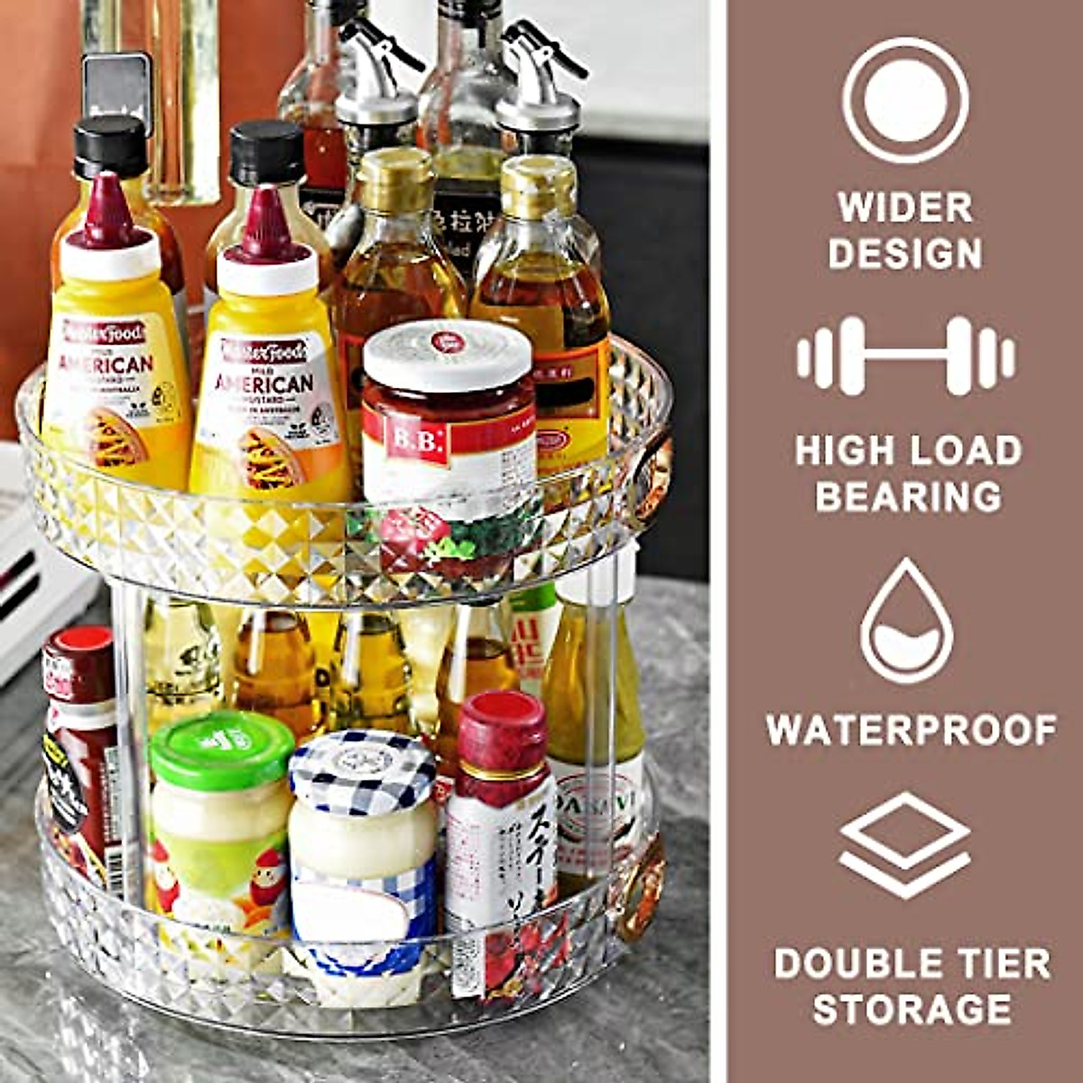 YEAVS 2 Tier Lazy Susan, 11 Inch Clear Turntable 360° Rotating Deep Spice Makeup Organizer, Plastic Cosmetic Holder Condiment Rack with Handle for Kitchen Cabinet, Countertop, Bathroom Storage