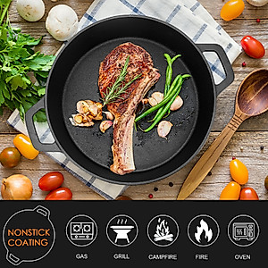 GEDIAO 3IN1 Pre-Seasoned Cast Iron Pan With Reversible Grill Griddle Lid, Multi Cooker Deep Roasting Grill Pan, Dutch Oven with Lid, Non-Stick Open Fire Camping, 5.2QT