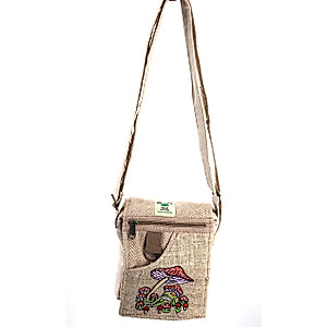 Unique design Mushroom Embroidery Hemp Hobo Passport crossbody bag Festival Travel Bag 100% Himalaya Hemp FAIR TRADE MADE Handmade with Love., Natural White