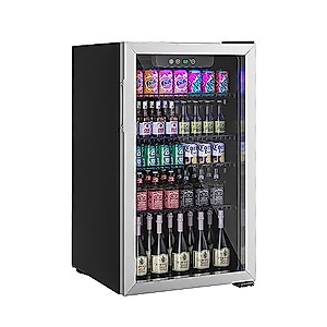 Erivess Compact Freestanding Beverage Refrigerator,126 Can Mini Fridge with Glass Front Door for Soda, Beer, or Wine, Under Counter Drink Dispenser with Adjustable Shelves and Digital Display