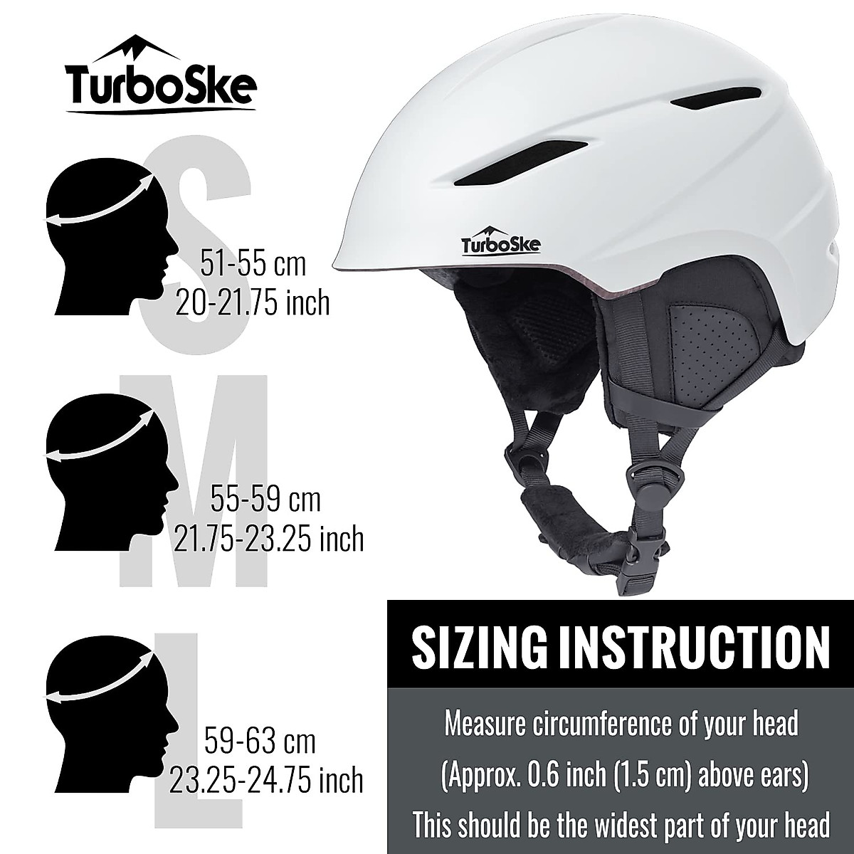 TurboSke Ski Helmet, Snowboard Helmet Snow Sports Helmet, Audio Compatible Helmet for Men, Women and Youth (L, White)