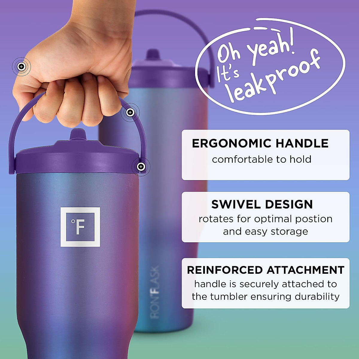 IRON °FLASK Sidekick Insulated Water Tumbler w/Straw & Foldable Handle - Stainless Steel Leak-Proof Bottle, Non-Slip Base & Fits Cup Holders for Hot, Cold Drinks - Travel Mug - 30 Oz, Aurora