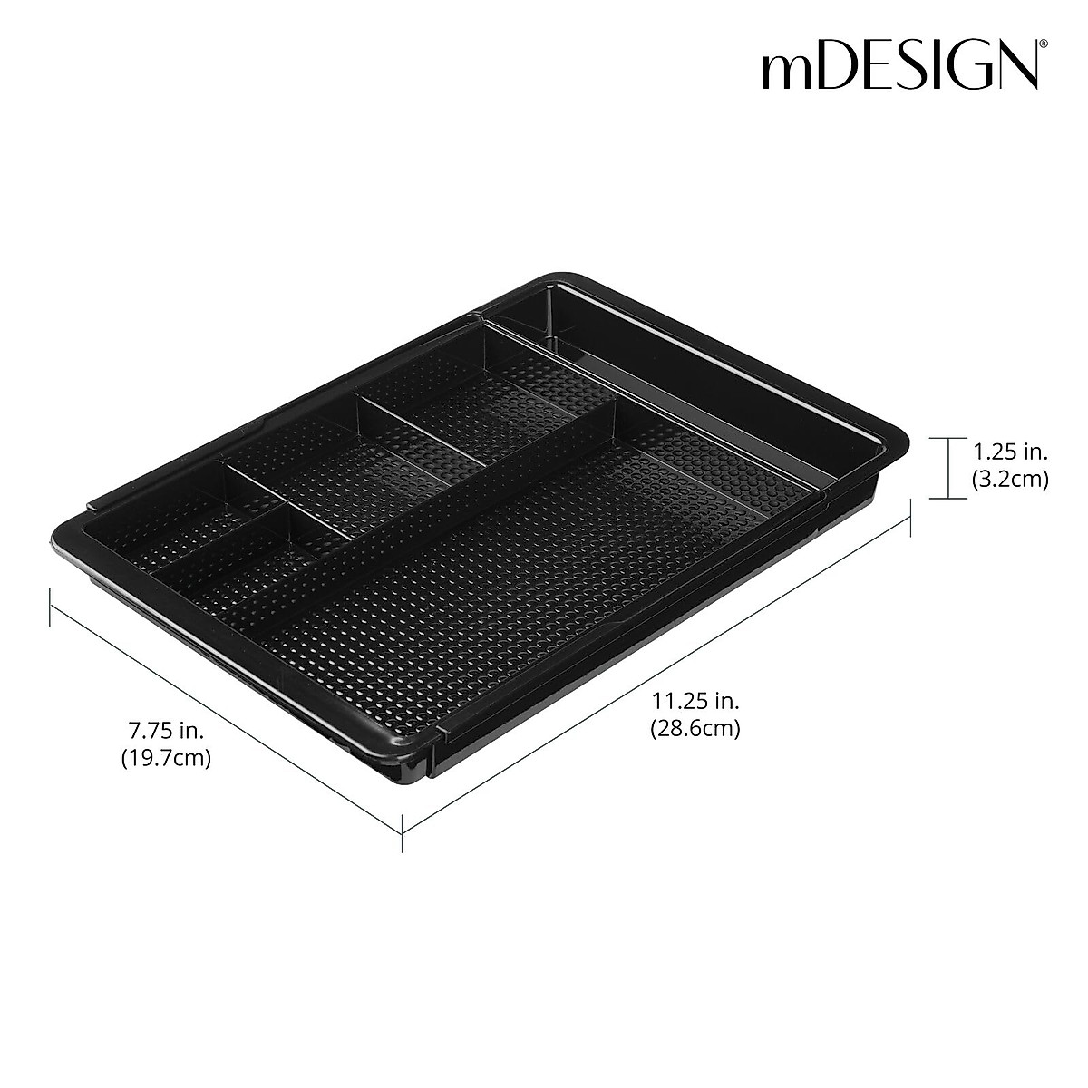 mDesign Adjustable, Expandable Divided Office Desk Drawer Organizer Tray for Office Supplies, Gel Pens, Pencils, Markers, Tape, Erasers, Paperclips, Staples - 7 Compartments, 1.25" High - Black
