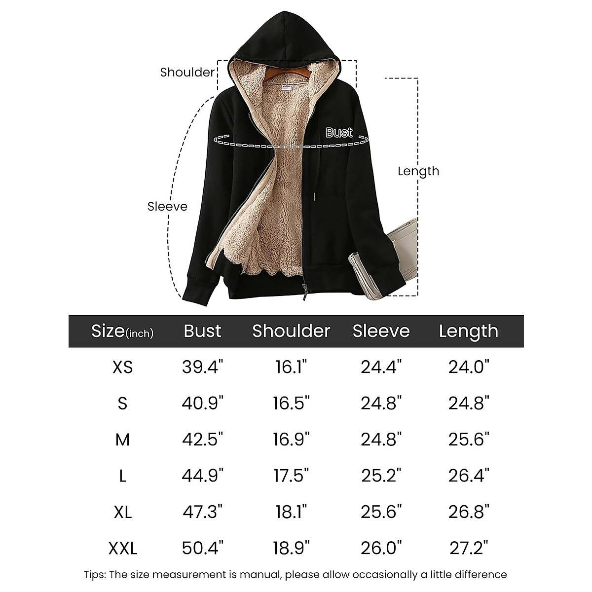 Yeokou Women's Casual Full Zip Up Sherpa Lined Hoodie Sweatshirt Jacket Coat (Medium, Black)
