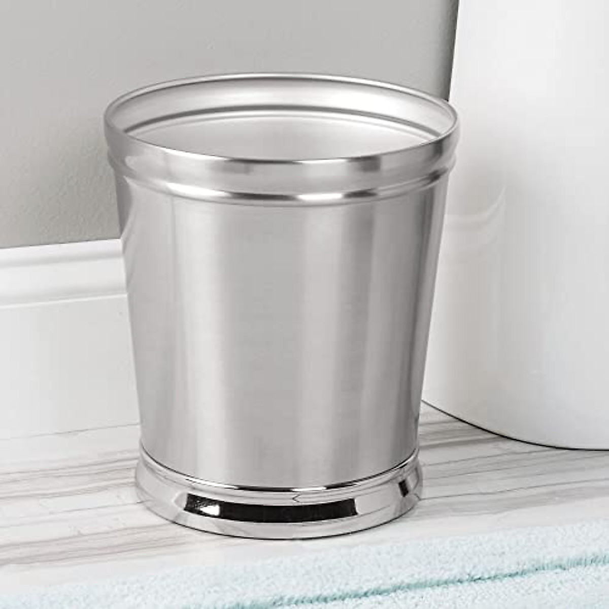 mDesign Decorative Metal Round Small Trash Can Wastebasket, Garbage Container Bin - for Bathrooms, Powder Rooms, Kitchens, Home Offices - Durable Solid Steel, Non-Slip Base - Brushed/Chrome